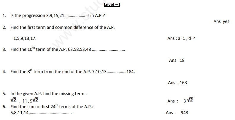 CBSE Class 10 Mathematics Arithmetic Progression Assignment Set A